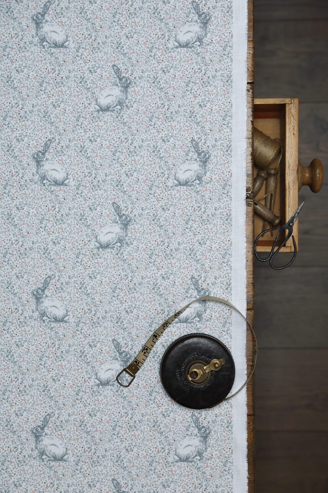 Delilah's Rabbit ~ Slate Blue & Lime on White Linen - Peony & Sage