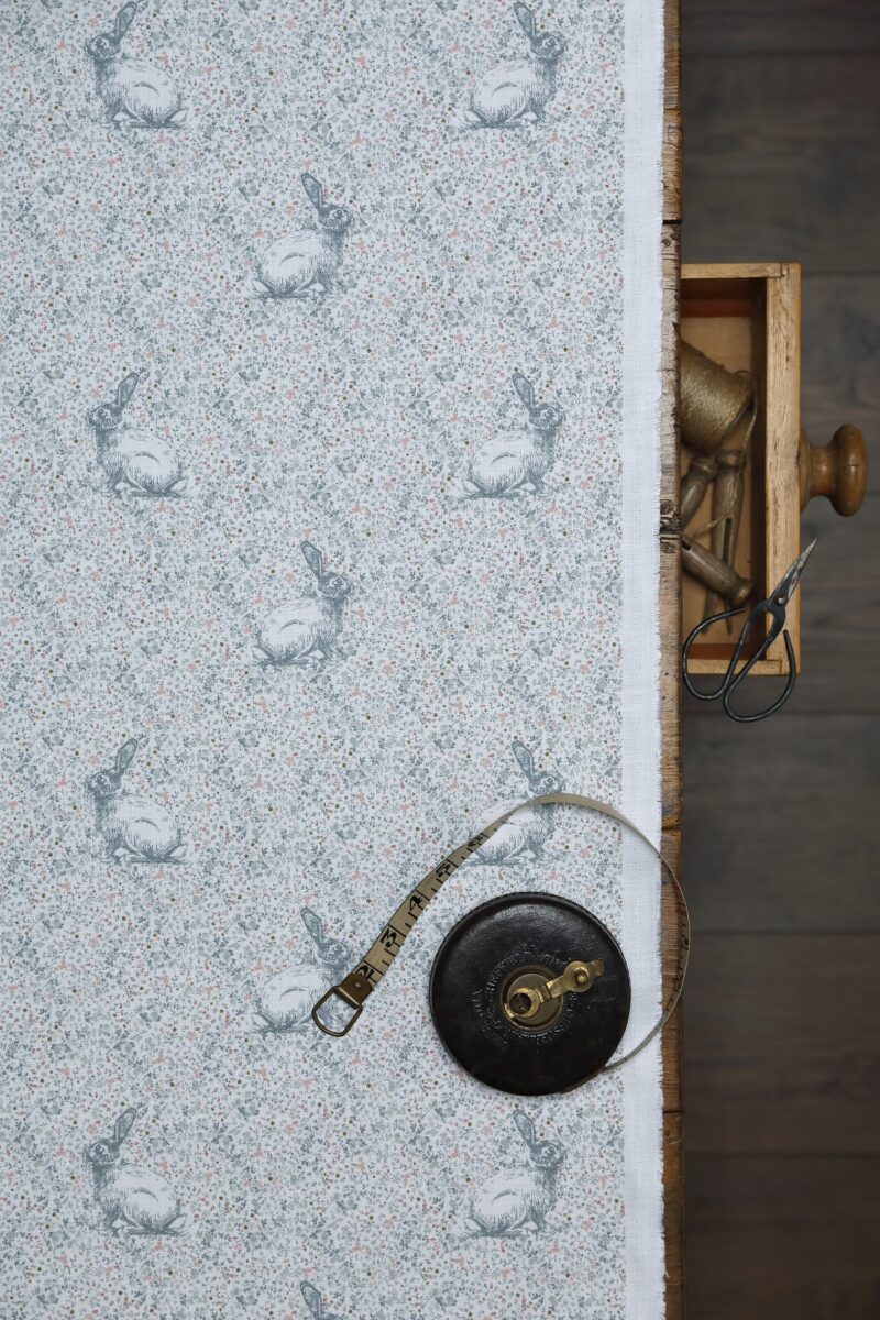 Delilah's Rabbit ~ Slate Blue & Lime on White Linen - Peony & Sage