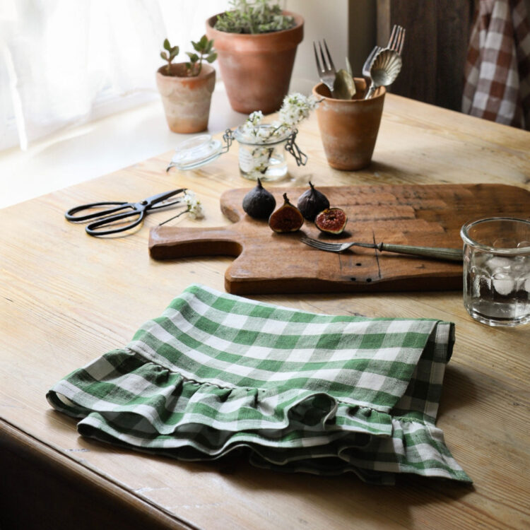 Beautiful Handmade Frilly Green Check Linen Tea Towels - Peony & Sage